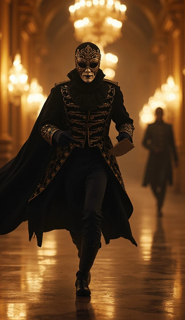 The masked figure wearing ornate Venetian mask with golden filigree ...