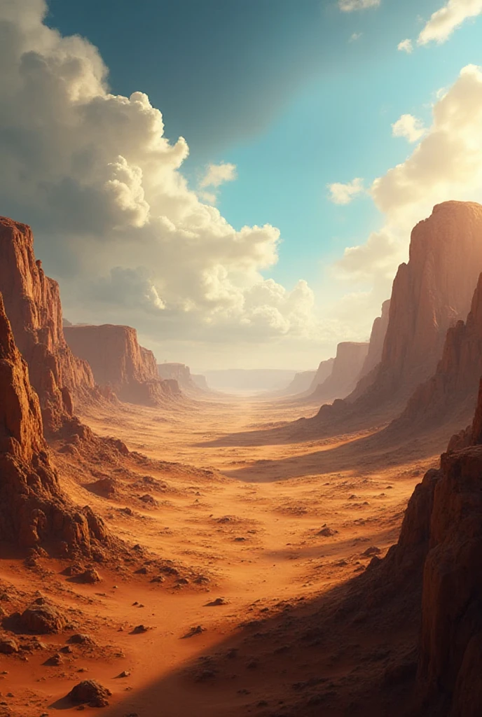 Wide cinematic shot of a desert valley with rocky hills, two armies ...