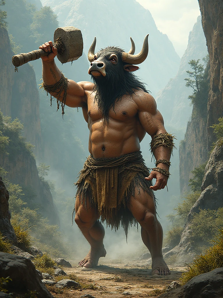 A human wearing primitive clothing and a musk cow merge to become one ...