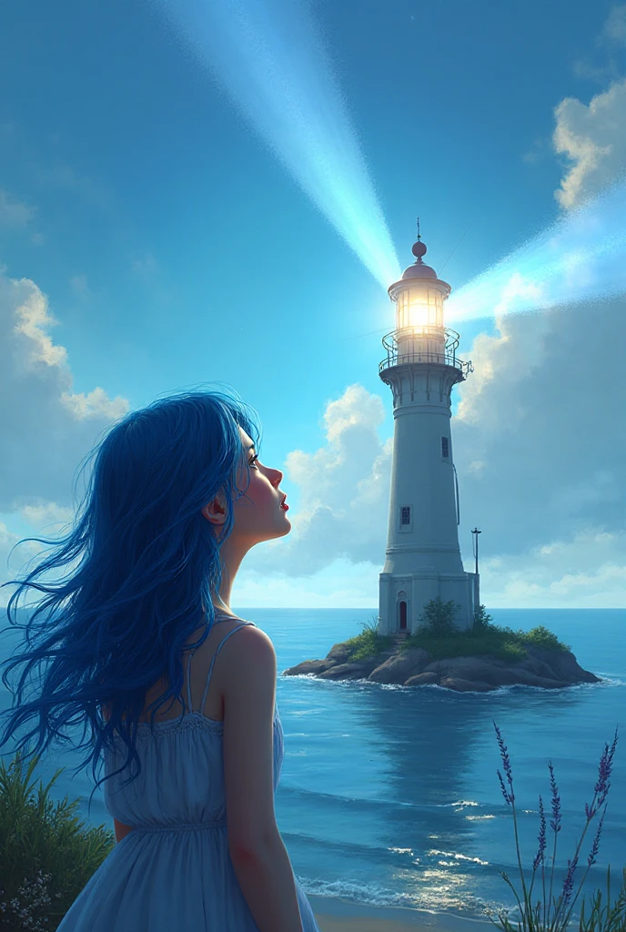 A girl with blue hair looks at the Lighthouse from which a ray is ...