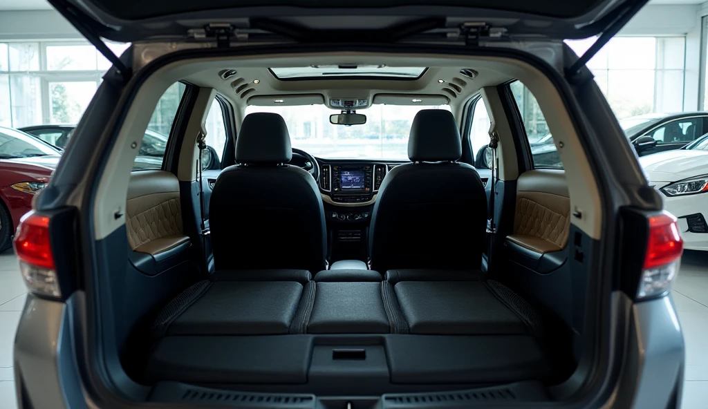 A close interior shot taken from the open rear trunk of a 2025 - SeaArt AI