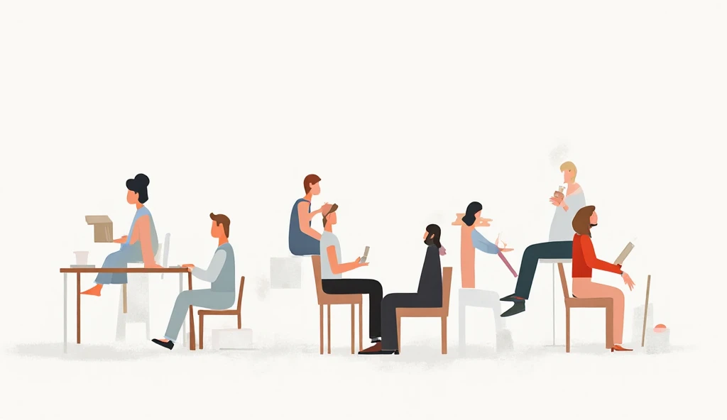 Flat, minimalistic 2D illustration。people who keep sitting on chairs ...