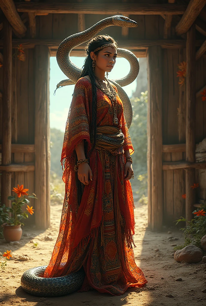 Can you create an Andean woman together with a big snake in a barn ...