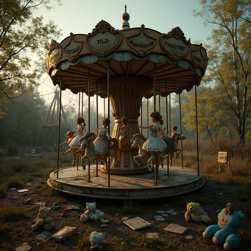 A hyper-detailed, photorealistic image of an **abandoned amusement park ...