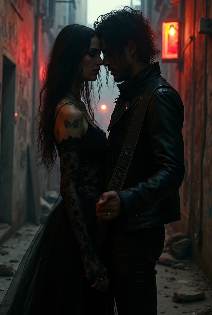 Create an image of a dark feminine girl with her rocker boyfriend ...