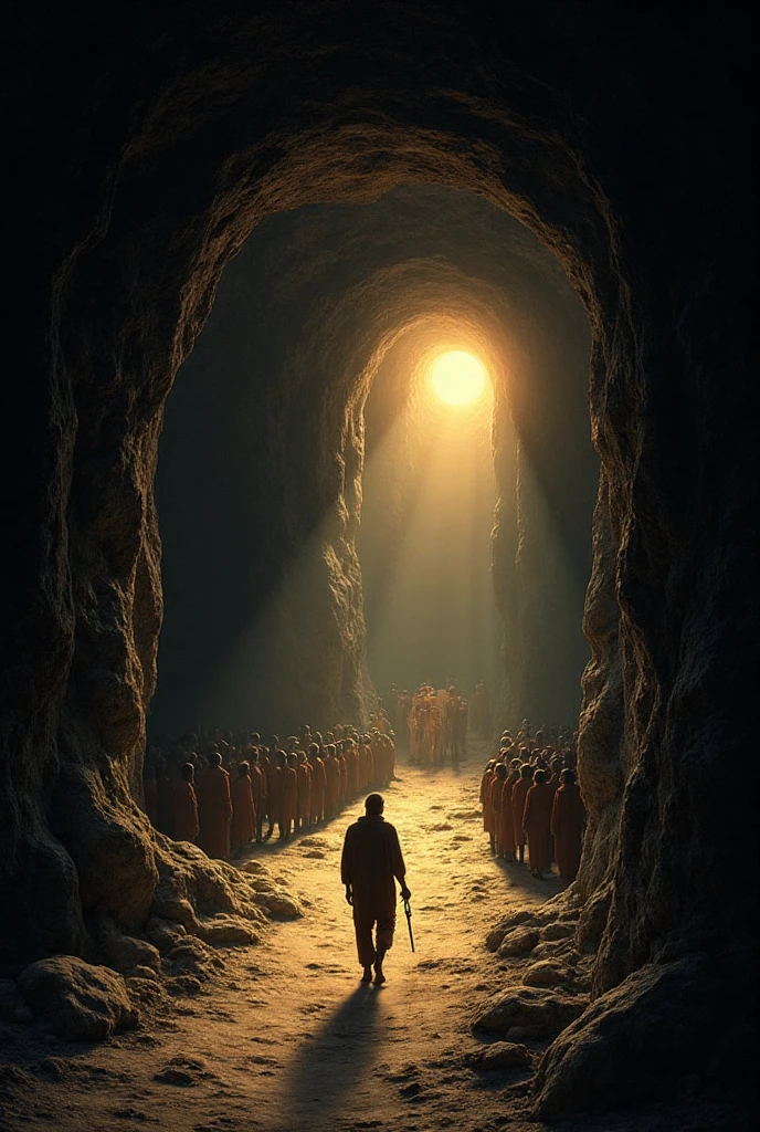 Plato’s Allegory of the Cave illustration: inside a dark cave - SeaArt AI