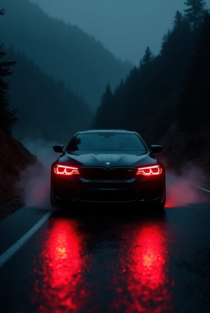 A sleek black BMW M5 sits on a curvy mountain road under the cover of ...