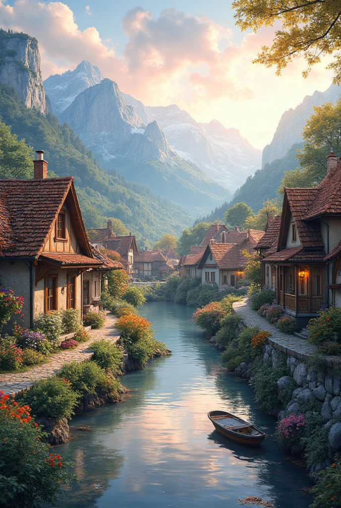Small village by the river, mountains behind, colorful flowers - SeaArt AI