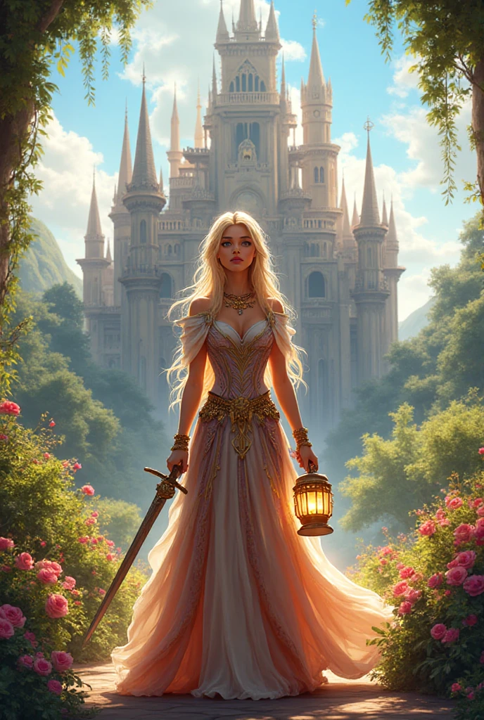 Create an image of a brave and kind Princess Ayla standing in front of ...