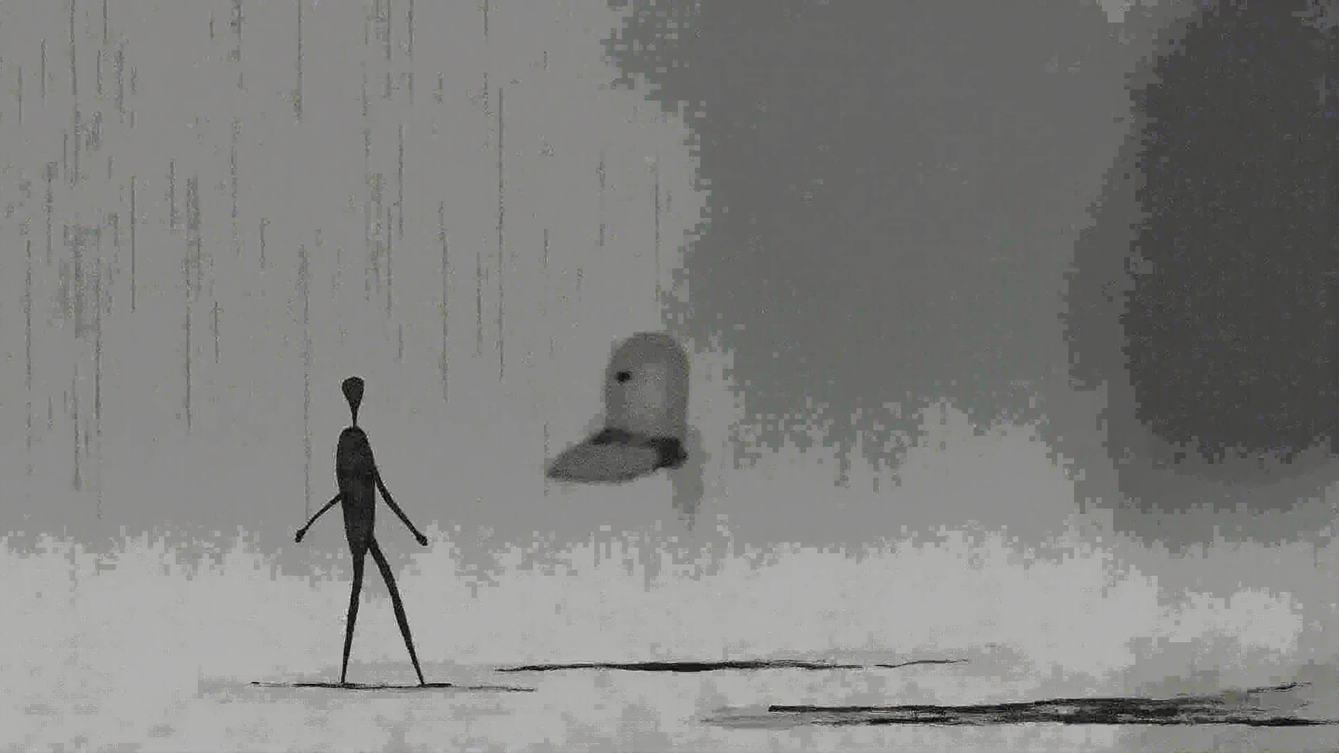 A stick-man walking backward slowly while dim phone floats with fading ...