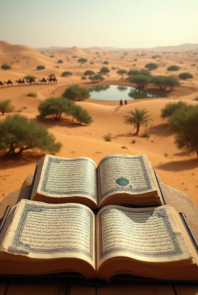A surreal desert scene featuring multiple open Qurans placed on a ...
