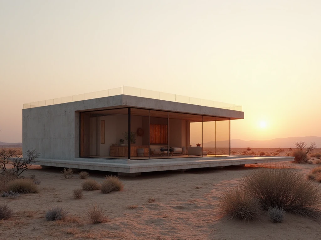 Minimalist desert tiny cabin, concrete and wood design, wide open ...