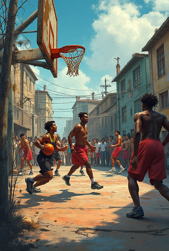 The image of a street basketball game with the score written down in ...