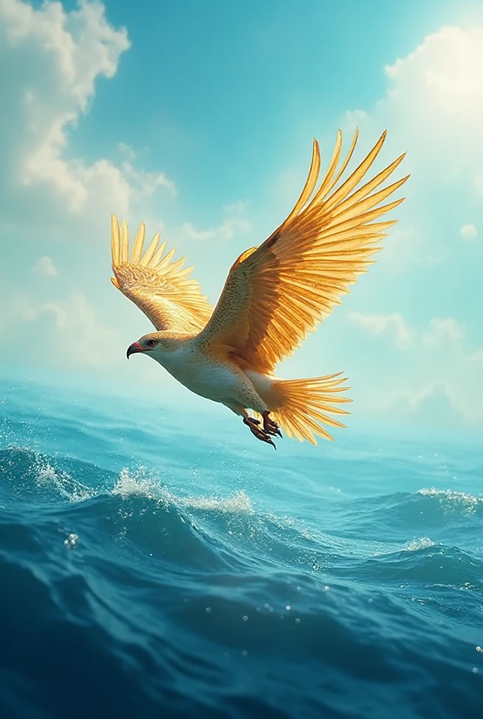 A video of a golden bird in the sea flying - SeaArt AI