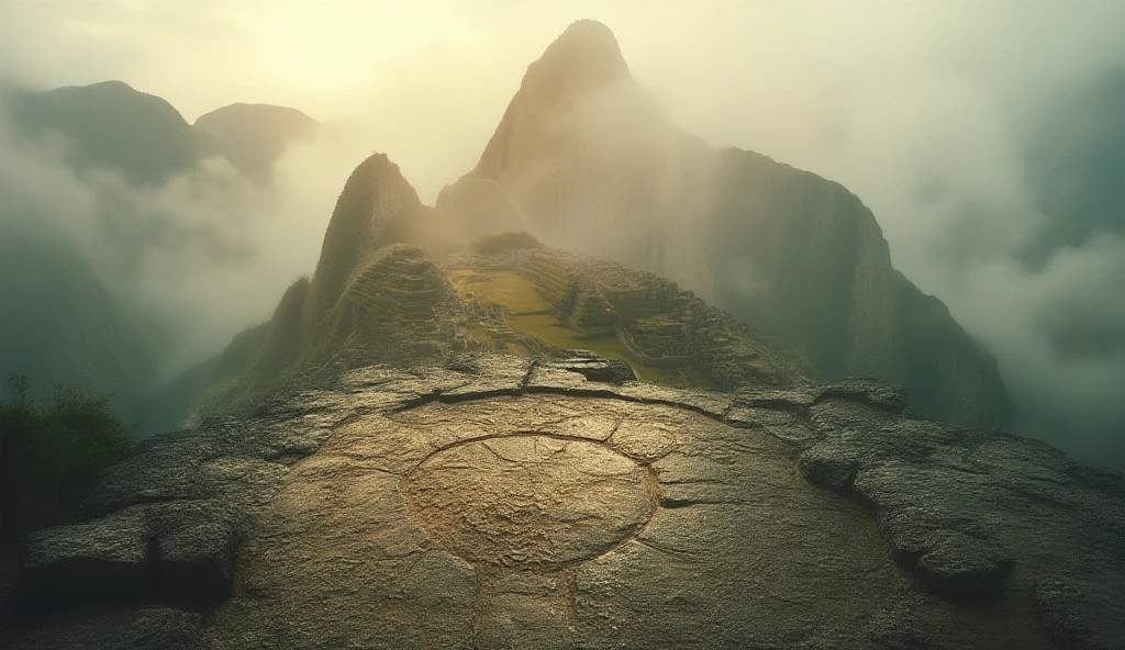 A cinematic montage-style image: the carved stone map in the foreground ...