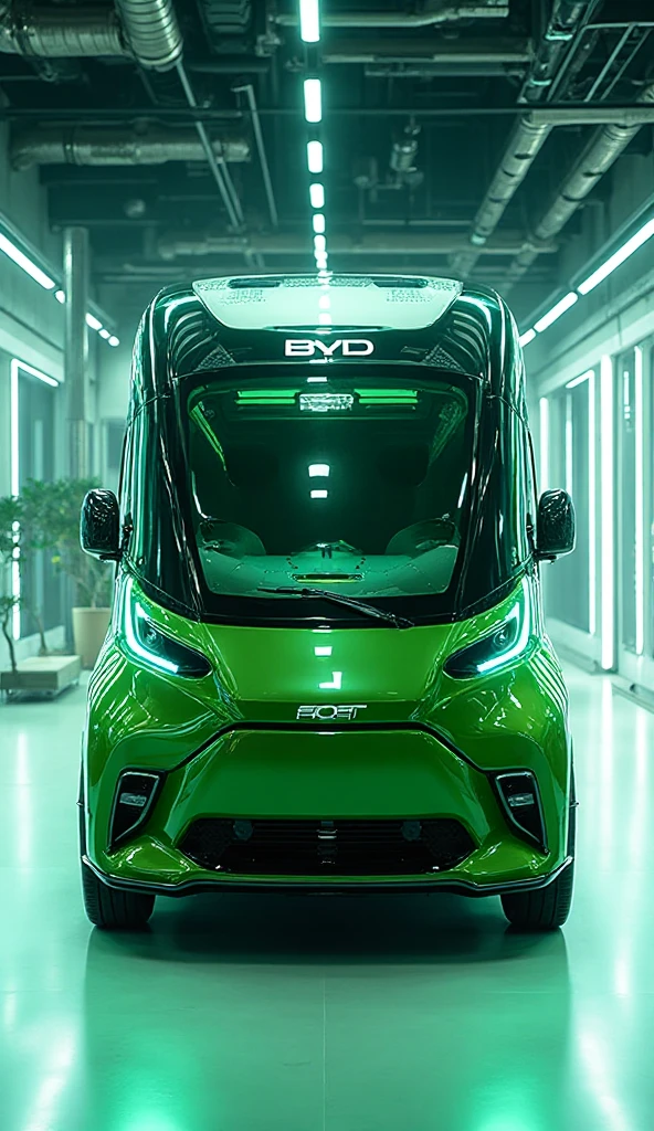 "Ultra realistic photo of 2026 BYD Motorhome, green color, front view ...