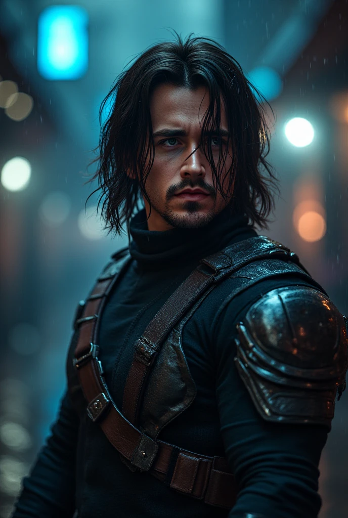 Brooding super soldier with long dark hair falling over his face ...