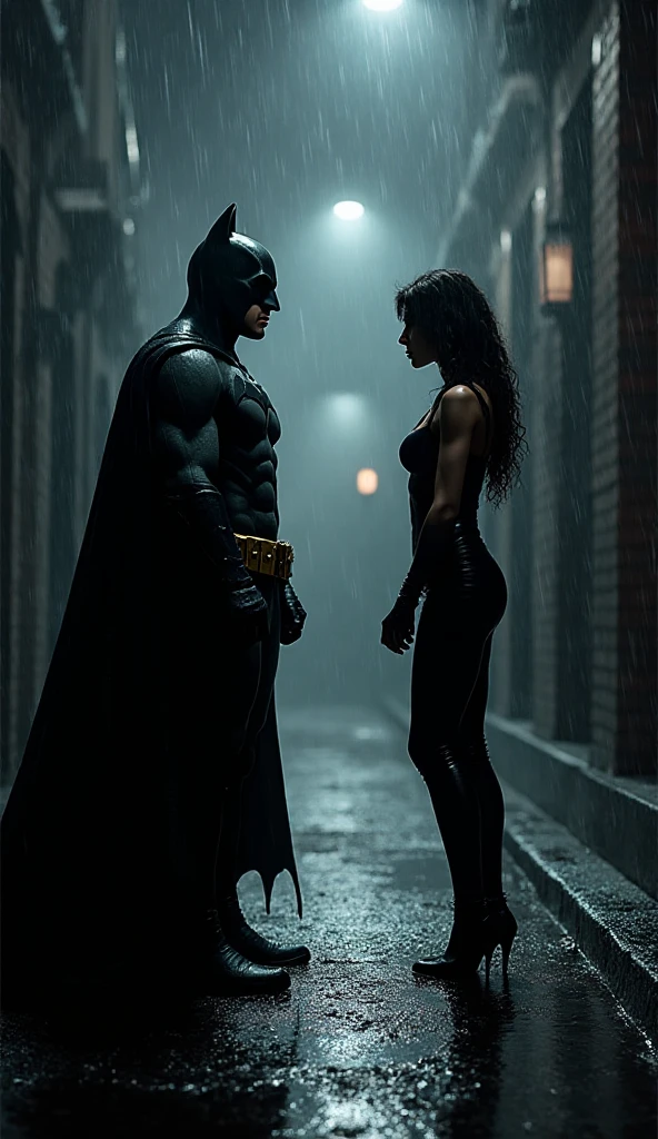 Batman, in a dark alleyway, heavy rain, Catwoman on the side has curvy ...