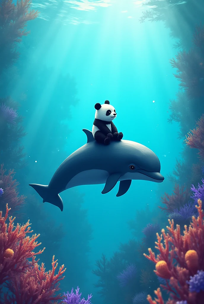 A small panda on the back of a dolphin swimming in the sea coral ...