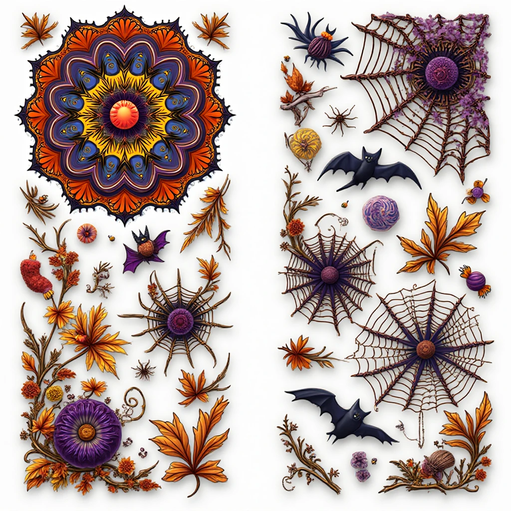 Left side: separate intricate Halloween designs — mandalas, spiderwebs ...