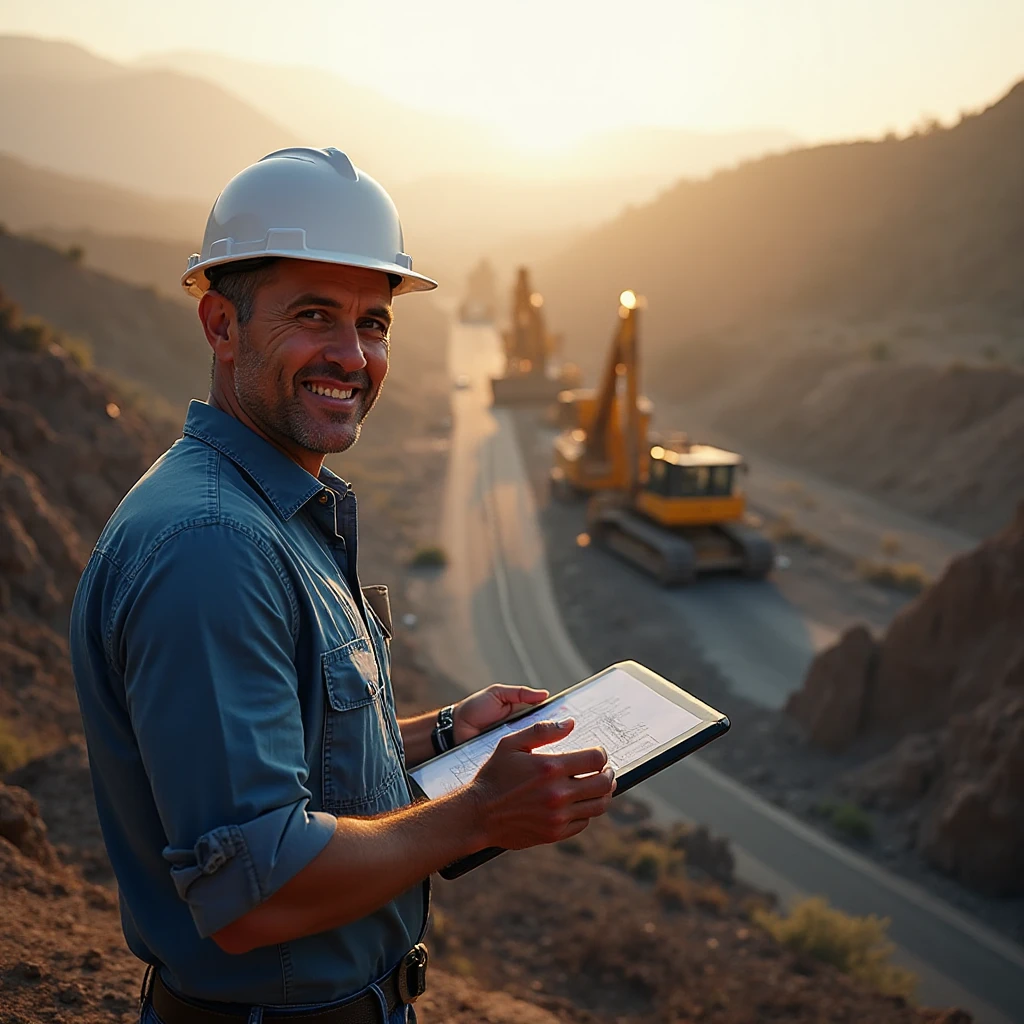 Site engineer: , a charismatic man with expressive features wearing a ...