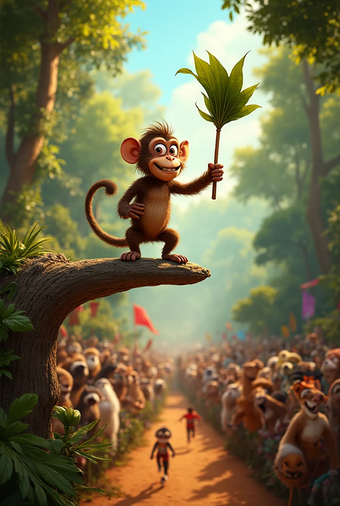 The monkey referee up on a tree branch, waving a leafy flag to start ...