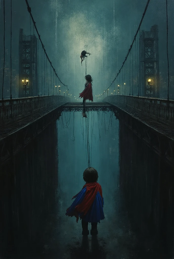 An expressive portrait of a tragic moment on a bridge, sad shadows ...