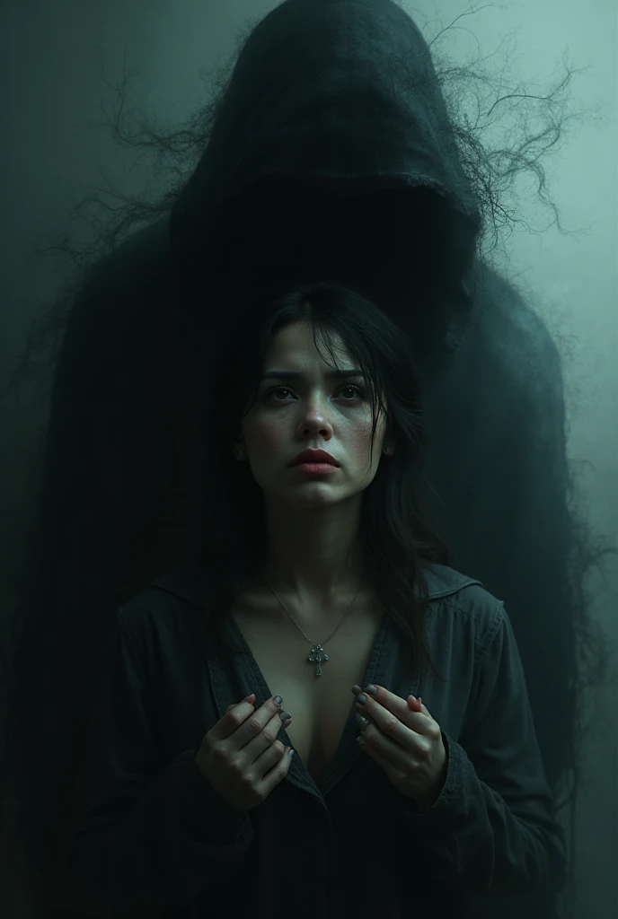 Woman oppressed by a sabotaging shadow whispering in your ear that she ...