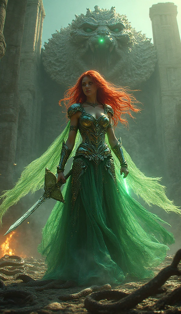 Epic 8K cinematic artwork of a gorgeous red-haired Valkyrie in radiant ...