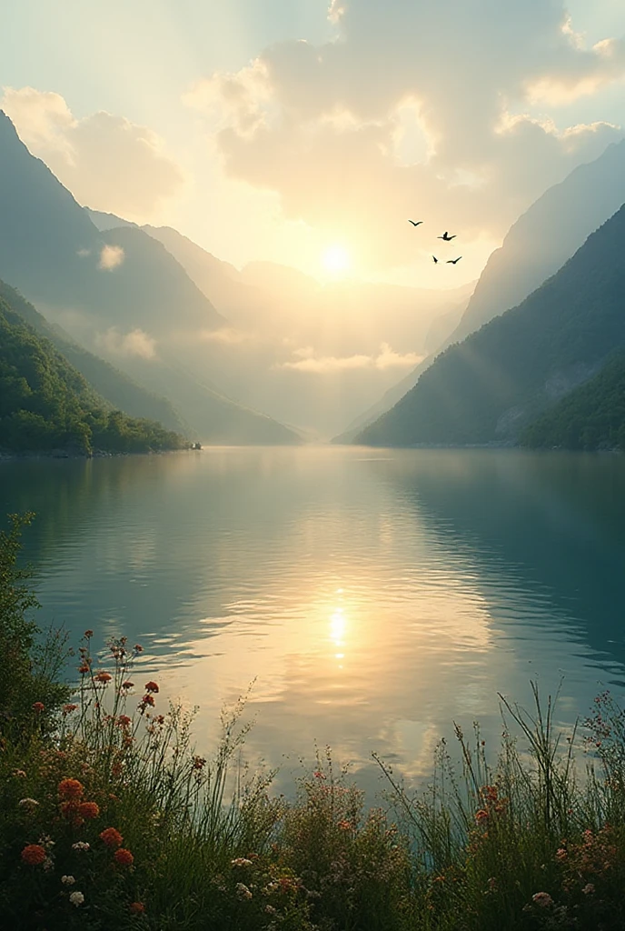 A breathtaking landscape at golden hour — a calm lake reflecting the ...