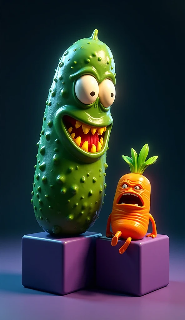 A 3D horror-comedy scene with a giant glossy green pickle monster ...