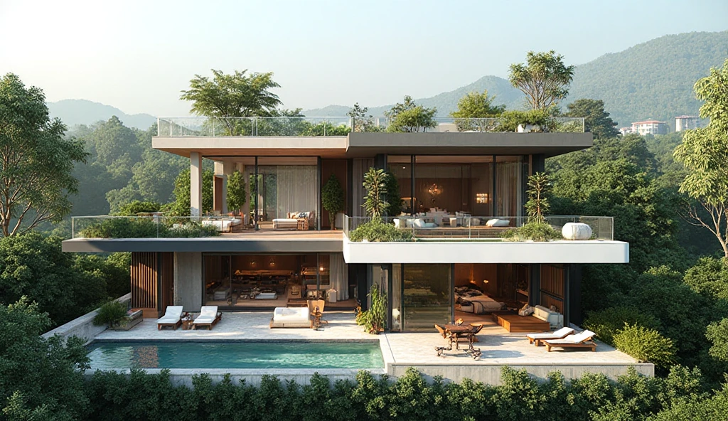 Contemporary villa with rooftop garden, 4K realism - SeaArt AI