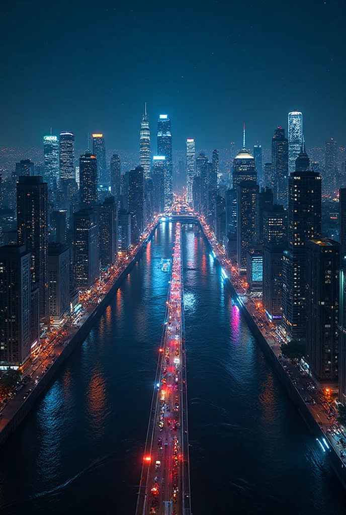 A bird's-eye view of a modern metropolis at night, thousands of ...