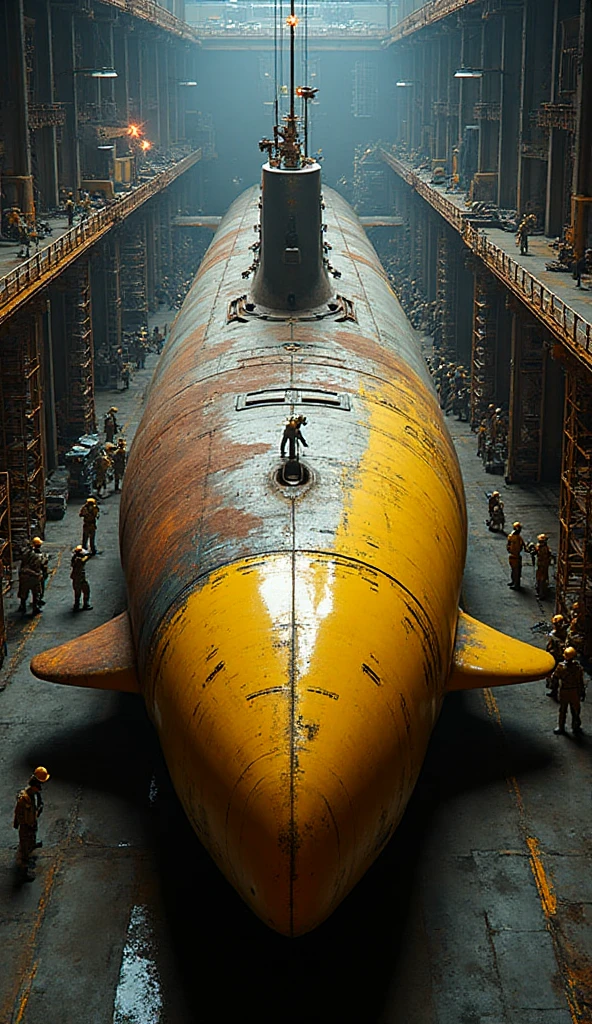 "Inside a giant U.S. naval shipyard, a massive futuristic submarine ...