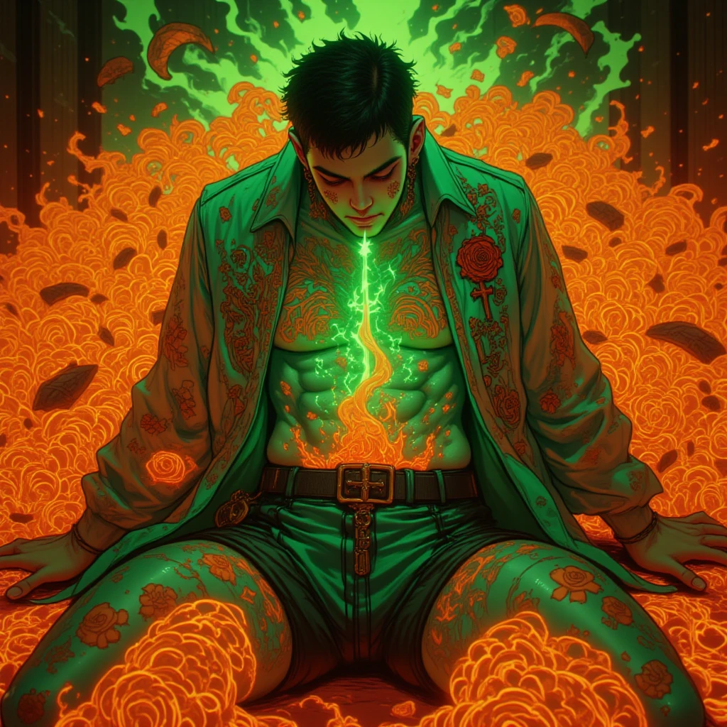 Comic book cover illustration, man of full body ,muscle, knees up ...