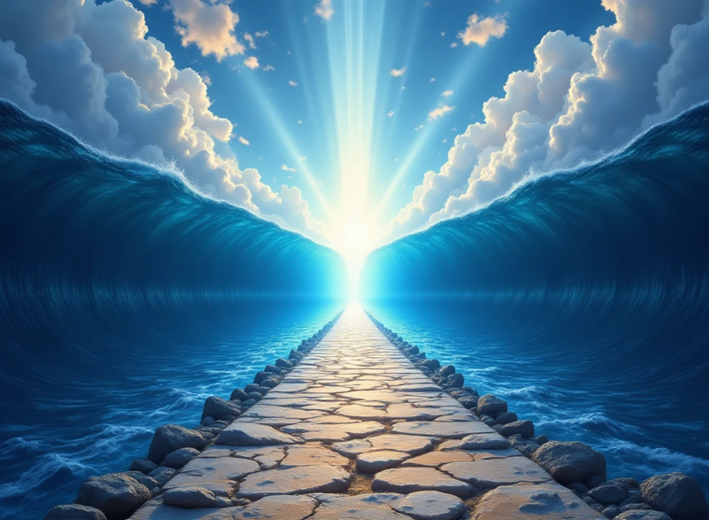 “Create an Islamic-themed illustration symbolizing the sea being parted ...