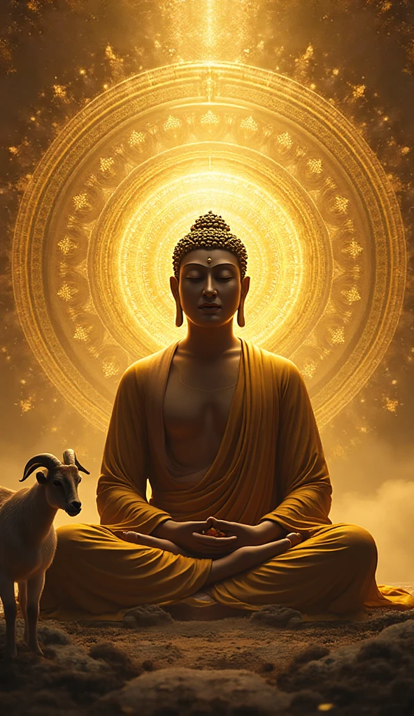 Buddha and a goat surrounded by spiritual golden mandala. - SeaArt AI