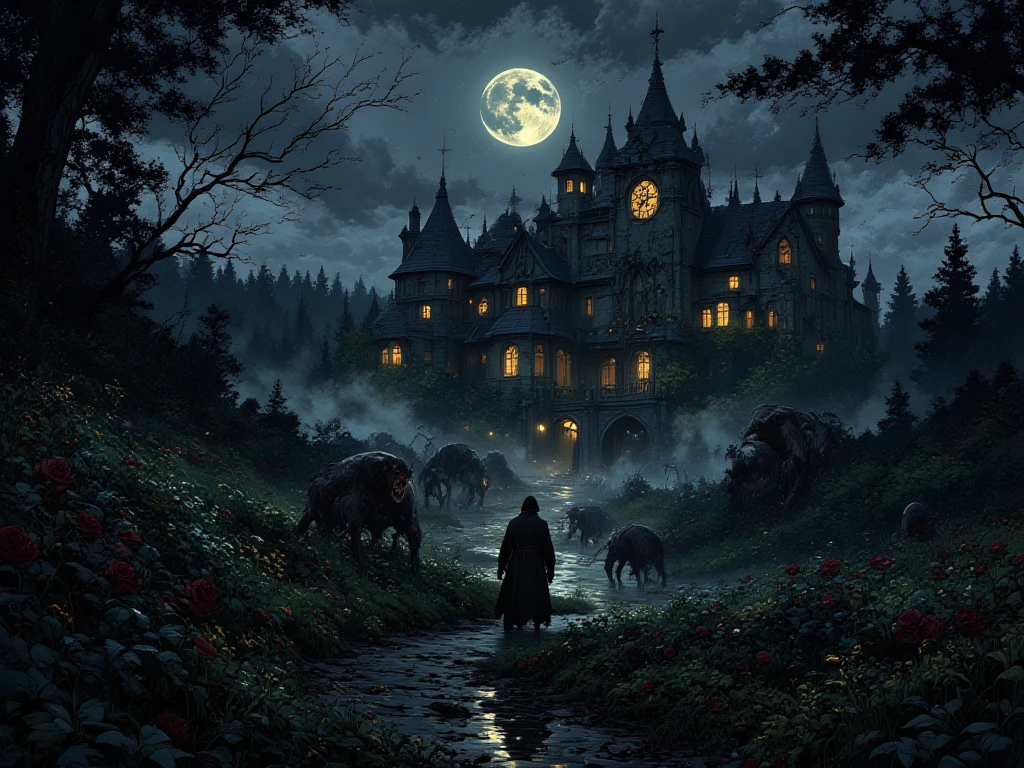 A beautiful gloomy and sinister necromancer's castle, overgrown with ...