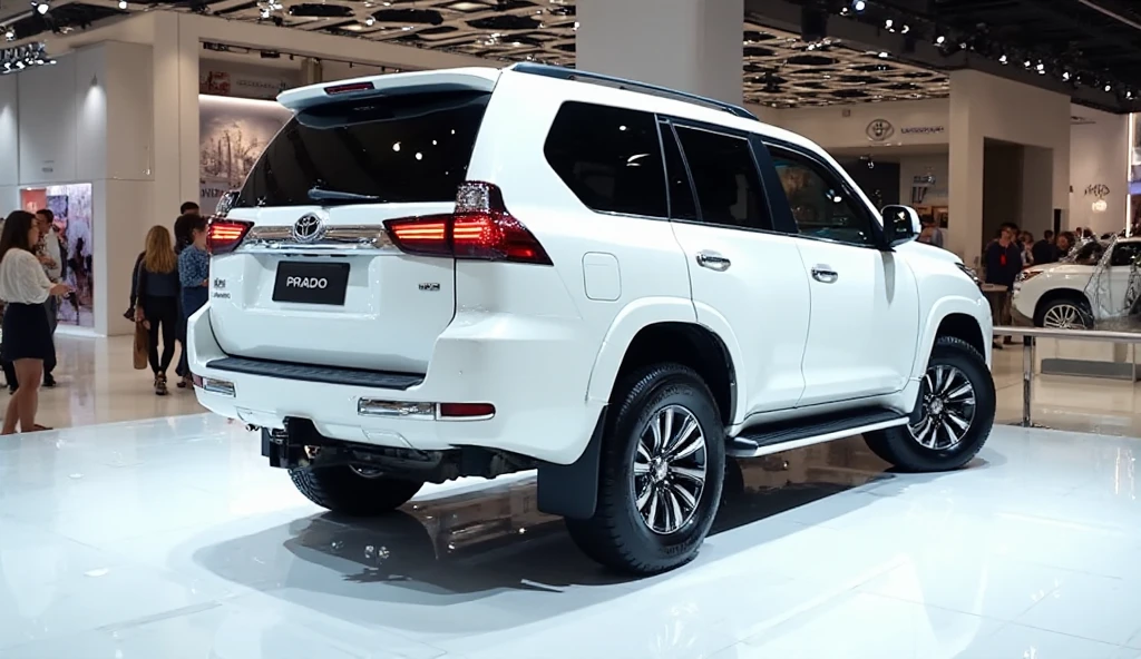A 2026 Toyota Prado, white color, back side view, displayed in a luxury ...