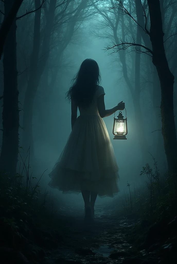 A girl with a lantern walks through a foggy swamp at night, fog ...