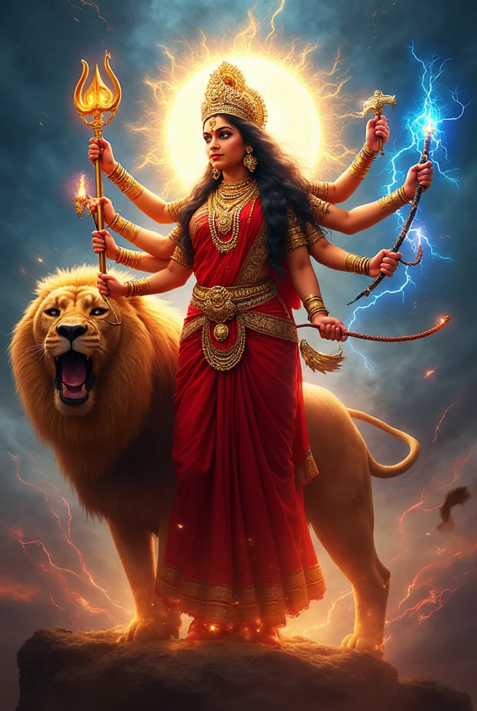 Prompt: "Epic digital painting of Goddess Durga in a red saree - SeaArt AI