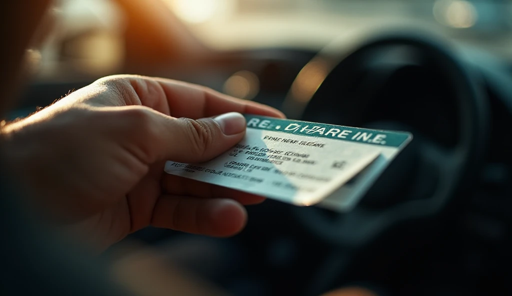 A close-up of a hand firmly holding a driver’s license, light shining ...