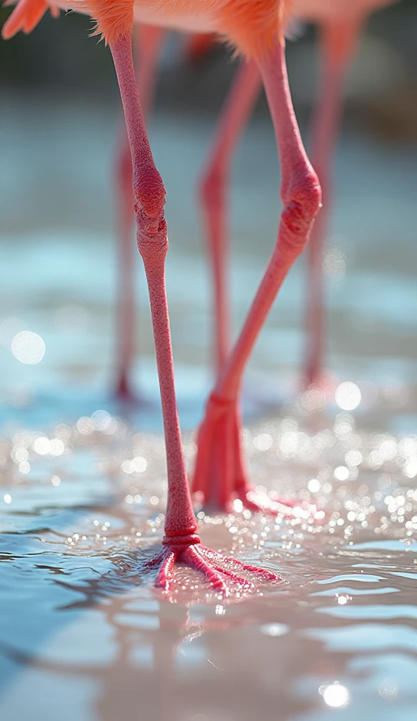Ultra-realistic 9:16 macro shot of flamingo legs and feet in saline ...