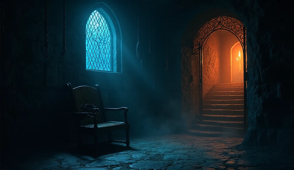 An eerie medieval dungeon scene unfolds , Illuminated by a faint bluish ...