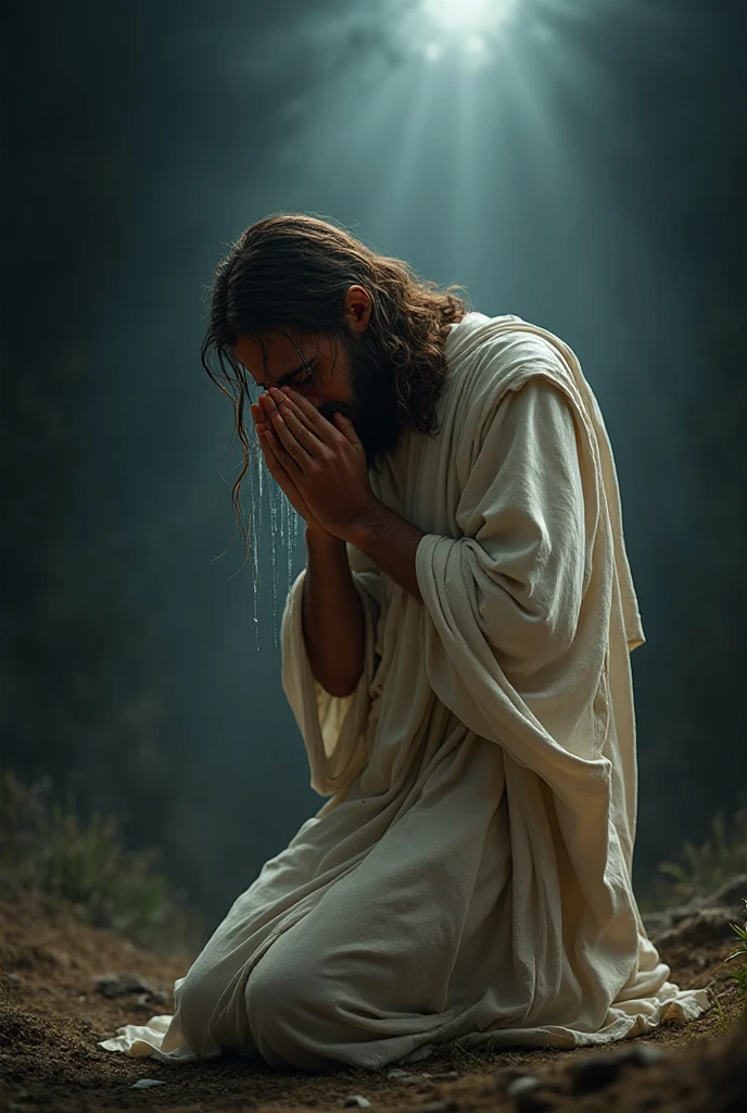 Ultra realistic depiction of Jesus Christ kneeling on the ground in ...
