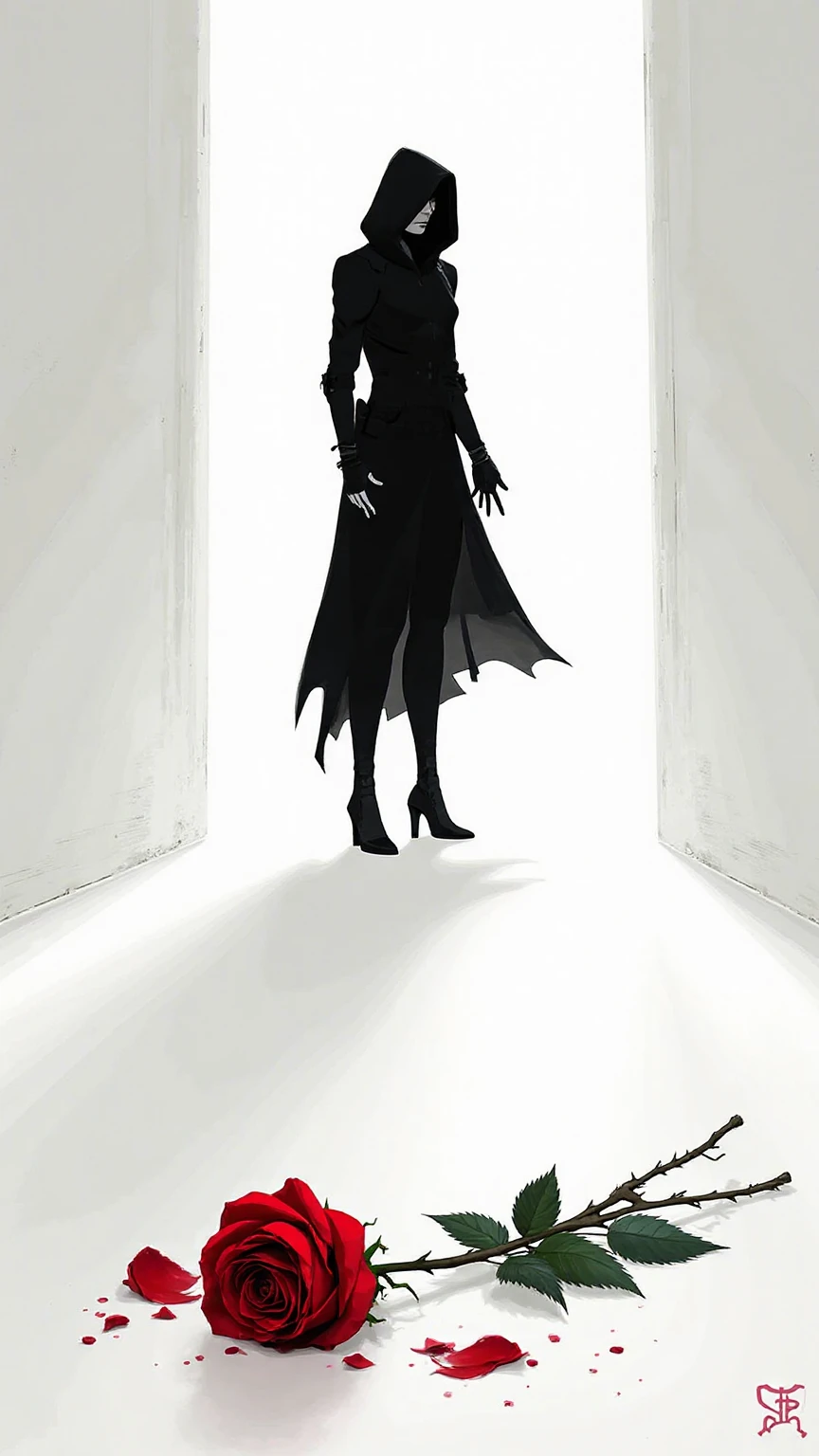 A minimalist graphic novel style scene. The Rose Assassin, depicted as ...