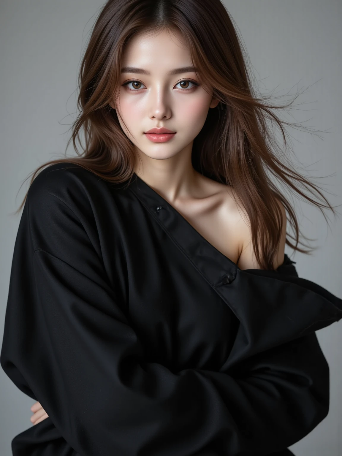 Beautiful young woman, very long brown hair, slightly messy hair ...