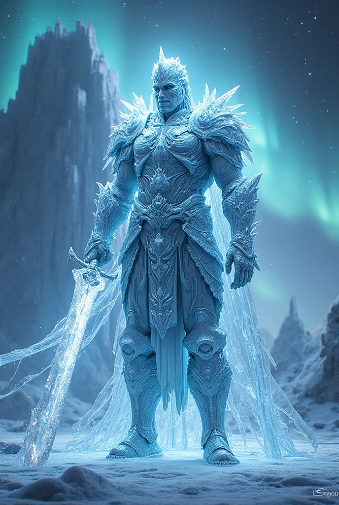 Create me a warrior with beautiful ice armor who holds an ice sword in ...