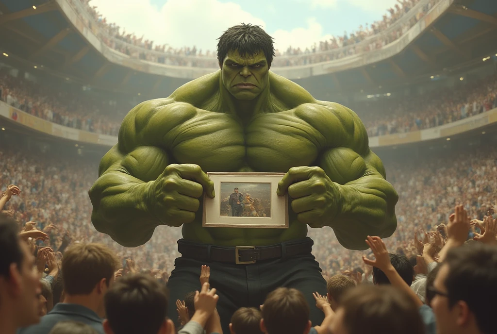 Hulk walks in position to give picture to camera. spectators around as ...