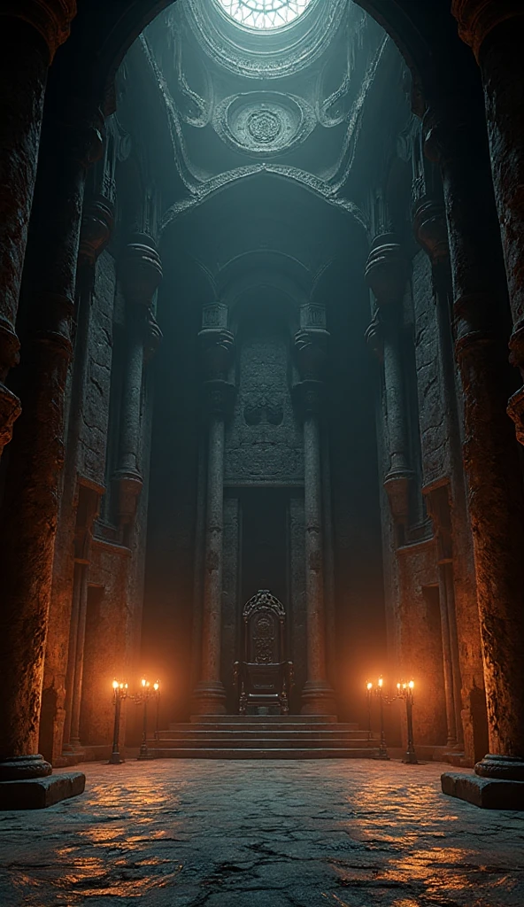 Dark medieval throne hall with giant stone pillars, torches burning on ...